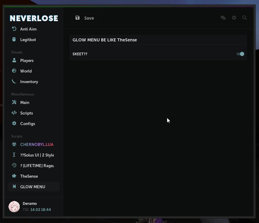 NeverLose.cc - Marketplace - Script "Glow for menu, be like sense."