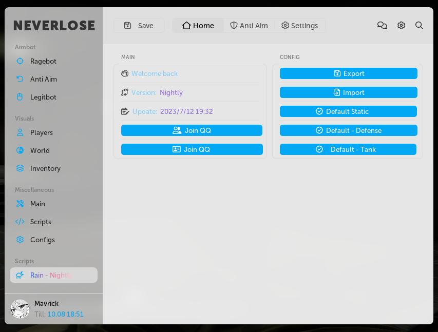 NeverLose.cc - Marketplace - Script "Rain.Tech - [Nightly]"