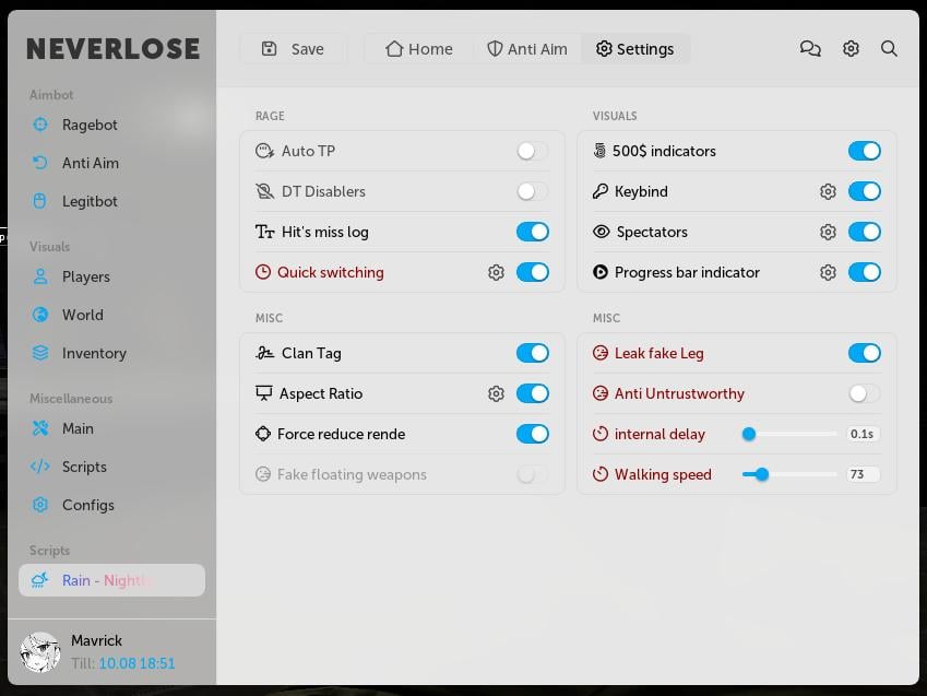 NeverLose.cc - Marketplace - Script "Rain.Tech - [Nightly]"