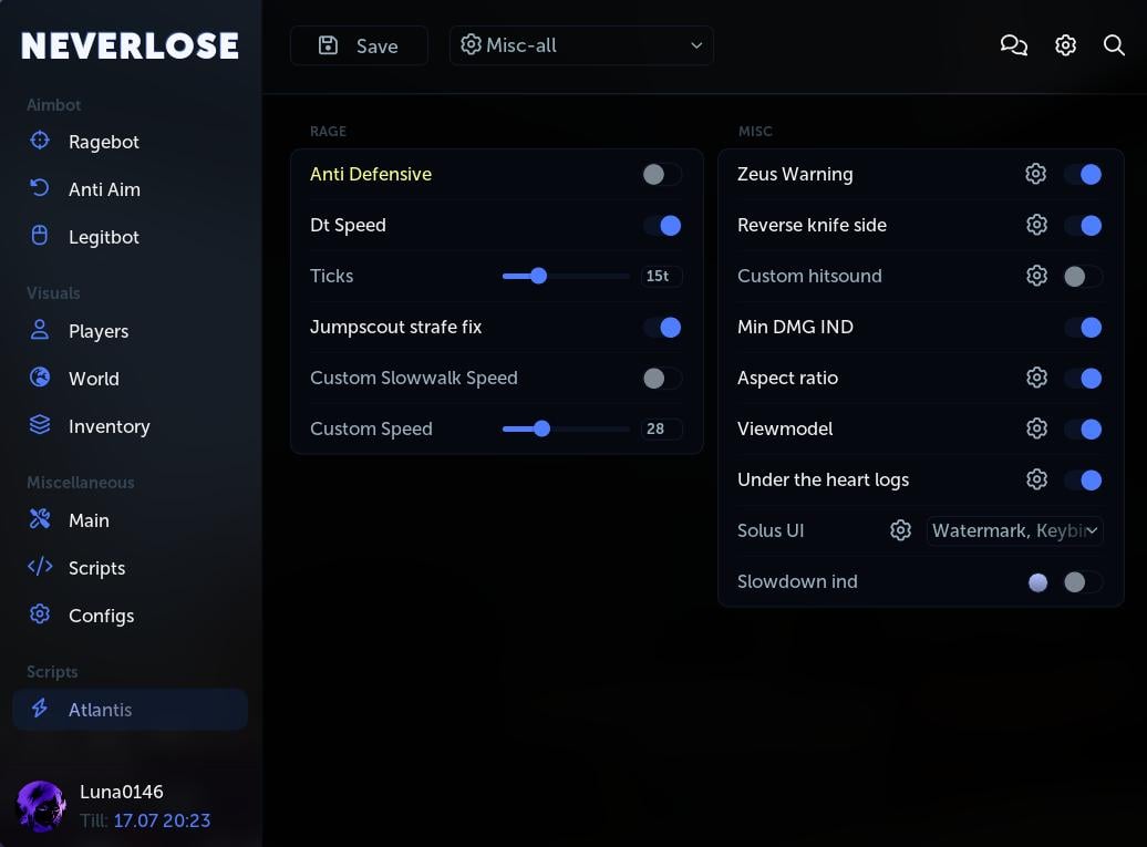 NeverLose.cc - Marketplace - Script "🎶Atlantis- AA, UI, Beautiful，Win-win"