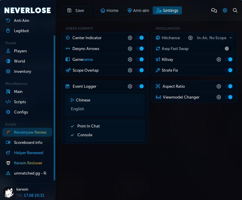 NeverLose.cc - Marketplace - Script "Kerwin Yaw💎BEST Anti-Aim/Half-Pitch AA/UI/Visuals/Misc‎