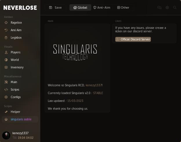 NeverLose.cc - Marketplace - Script "🟢 Singularis.Lua *live* V3.3 Ready ...