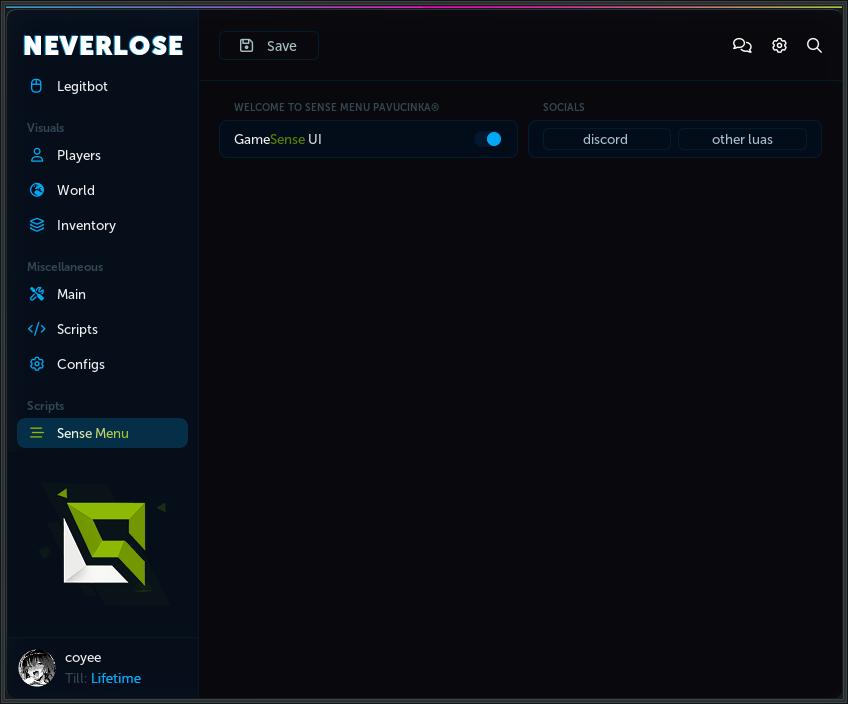 NeverLose.cc - Marketplace - Script "⛔️Sense Menu🧢"